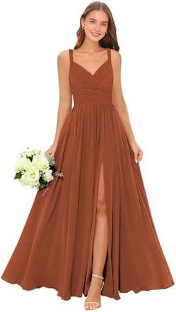 Generic Robe de demoiselle dhonneur en mousseline de soie avec col en V et bretelles spaghetti, longue robe de soirée froncée avec fente, rouille, 50 Grande t