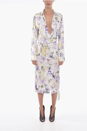 Off-white Technical-Satin Floral Midi Dress with Ruched Detail size 40