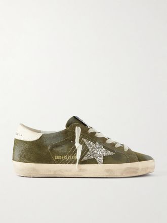 Golden Goose Super-star Sneakers Aus Veloursleder Mit Lederbesatz Und Details Mit Glitter-finish In Distressed-optik - Gr&uuml;n