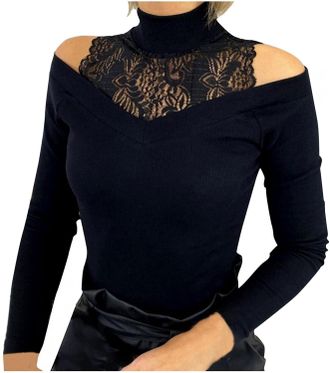 Onsoyours Damen Spitze Bluse T-Shirt Sexy Schulterfreies Langarmshirt Slim Fit Einfarbig Patchwork Spitzenbluse Elegant Tunika Oberteil Top Casual Schwarz XXL