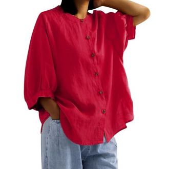 Generic Chemisier en lin pour femme - Col rond - Manches 3/4 - Couleur unie - Boutonn&eacute; - Haut d&eacute;contract&eacute; - &Eacute;t&eacute; - Grande taille - Mousseline et lin - Hauts re