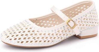 Allegra K Escarpins &agrave; talons carr&eacute;s bas et bout rond en strass pour femme, cr&egrave;me, 37 EU