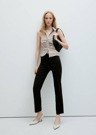 Mango Chemise &agrave; carreaux fronc&eacute;e marron - Femme - XS - MANGO