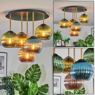 HOFSTEIN Deckenleuchte Koyoto, 5-flammige Deckenlampe aus Metall/Riffelglas in Schwarz/Messing/Blau/Gr&uuml;n/Gold/Kupfer, Leuchte im Retro/Vintage-Design (Schirme 