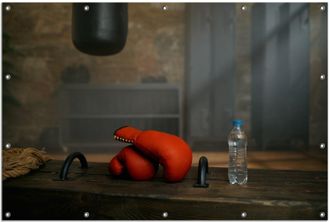 Wallario Outdoor-Poster f&uuml;r Garten oder Balkon Pause im Boxstudio, Motivbanner Gr&ouml;&szlig;e: ca. 120 x 180 cm, Outdoor-Bild