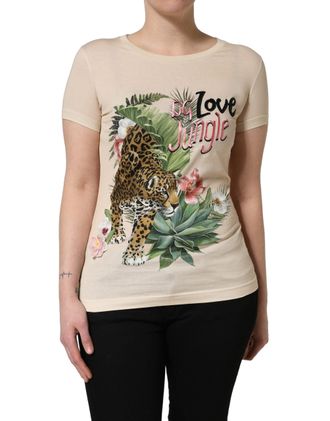 Dolce & Gabbana Womens Beige Jungle Print Cotton Round Neck T-Shirt