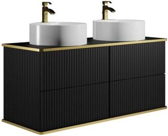 Vente-Unique Meuble de Salle de Bain Suspendu stri&eacute; liser&eacute; dor&eacute; avec Double Vasque &agrave; Poser Ronde - Noir - 120 cm - KELIZA