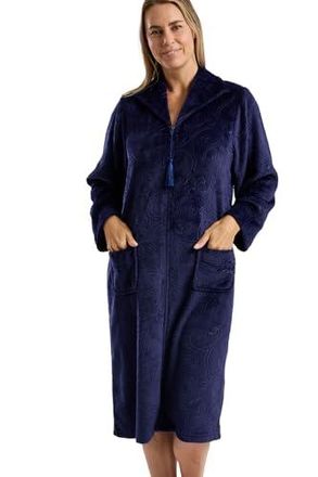 Marlon Womens Serena Front Embossed Fleece Housecoat Zip Up Bath Robe Peignoir, Tourbillon Bleu Marine, L Femme
