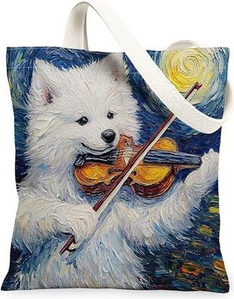 Generic Samoy&egrave;de Sac fourre-tout en toile pour faire du shopping 33 x 38,1 cm, motif violon &eacute;toil&eacute;, sac &agrave; bandouli&egrave;re r&eacute;utilisable pour femme, animal domestiq
