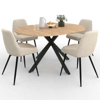 IDMarket Esstisch-Set, ausziehbar, rund, Alix, Holz und Schwarz, 110-150 cm und 4 St&uuml;hle, Thalaya, Velours, Beige