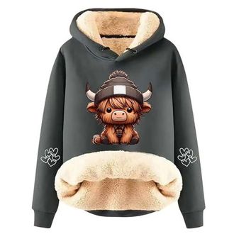 Generic Hoodies en sherpa Highland Cow pour femmes UK, pulls de No&euml;l doubl&eacute;s en polaire pour lautomne et lhiver, sweats &agrave; capuche doux et chauds &agrave; manches lon