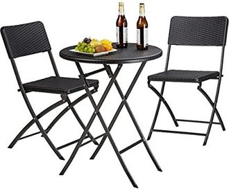 Relaxdays Gartenm&ouml;bel Set Bastian, klappbar, 3-teilig, Rattan-Optik, klein, HBT Tisch: 75,5 x 60 x 60 cm, schwarz