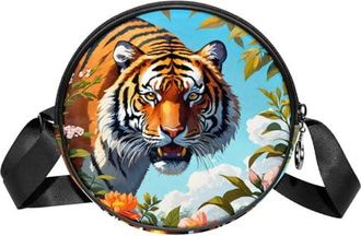 Generic Petit sac &agrave; bandouli&egrave;re rond pour femme, motif fleur de tigre, sac &agrave; dos avec fermeture &eacute;clair, bretelles r&eacute;glables, sac &agrave; main rond d&eacute;contract&eacute; pour 