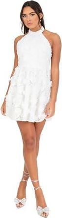 Maya Womens Mini Dress Ladies Halterneck Sleeveless Open Back Floral Lace Fit and Flare Skater A-Line for Bride Hen Do Party, Blanc 44