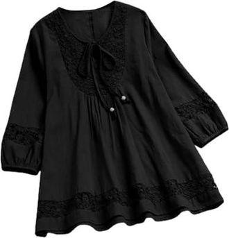 Generic Haut en lin grande taille pour femme, haut boh&egrave;me brod&eacute; pour femme, tunique &agrave; manches 3/4, t-shirt l&eacute;ger avec bordure en dentelle d&eacute;licate, chemisier 