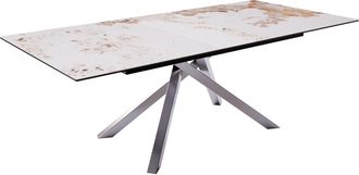 DELIFE Esszimmertisch Edge Keramik Minas Melange Wei&szlig;-Beige 180-220x100 Kreuzgestell Rechteck Edelstahl ausziehbar