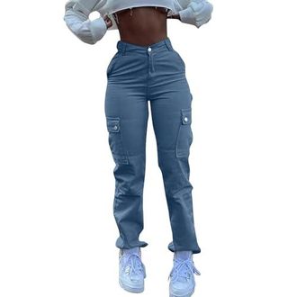 Generic Pantalon cargo pour femme - Jeans baggy - Taille haute - Pantalon cargo large avec poches - Pantalon de loisirs - Pantalon de randonn&eacute;e - Pantalon de 