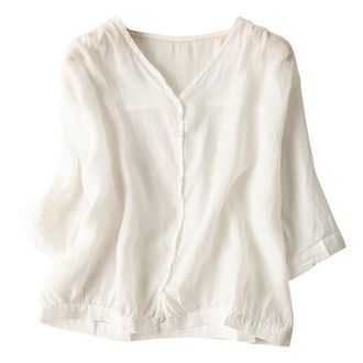 Generic Chemise de plage courte pour femme - Chemise en lin pour femme - Chemisier &agrave; col en V boutonn&eacute; &agrave; manches 1/2 - Doux et &eacute;l&eacute;gant - Chemise &agrave; popover &agrave; b