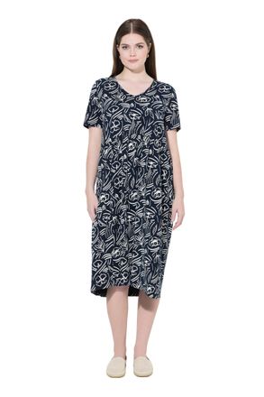 Ulla Popken Damen Scribble Flower Print Dress, Marine, 58-60 EU