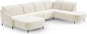 Cavadore Wohnlandschaft Blue/Sofalandschaft mit Longchair im modernen Design, Inkl. Kopfteilverstellung, Vorziehsitz motorisch und mattschwarzen Metallfüßen / 