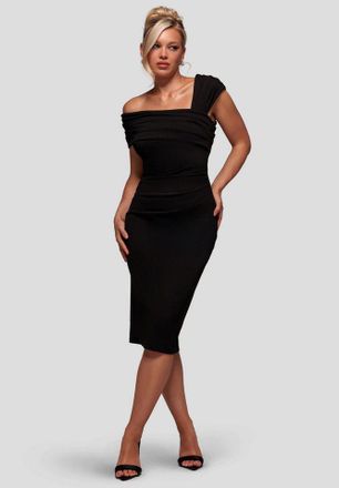 Goddiva Midikleid Scuba Crepe Pleated Drop Shoulder Midi Dress Knielang, Bodycon, Plissee-Details