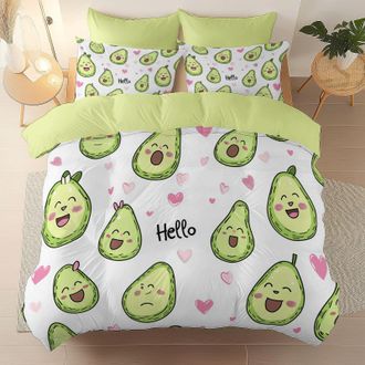 Generic Bettbezug Niedliche L&auml;chelnde Avocado Muster, 135 x 200 cm Mikrofaser Bettbezug mit Rei&szlig;verschluss, Gr&uuml;n Weich Bettw&auml;sche Set mit 2 Kissenbez&uuml;gen 80 x