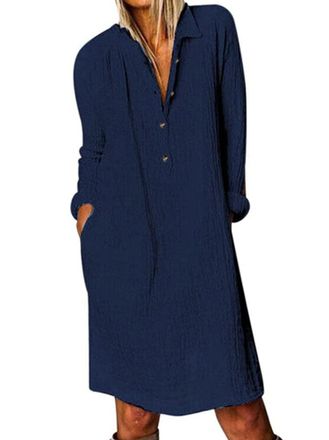 ORANDESIGNE Sommerkleid Leinen Kleider Damen Lang Blusen Casual Baumwoll und Leinen Langarm Kleid Halbarm Kleid mit Taschen Hemdkleid C Blau 48