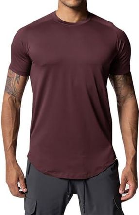 Generic T-shirt de sport fonctionnel pour homme - S&eacute;chage rapide - Avec ourlet allong&eacute; - Manches courtes - Respirant - Pour lentra&icirc;nement en plein air, rouge,