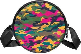 Generic Petit sac &agrave; bandouli&egrave;re rond pour femme, motif camouflage color&eacute;, avec fermeture &eacute;clair, bretelles r&eacute;glables, sac &agrave; main rond d&eacute;contract&eacute; pour femmes 