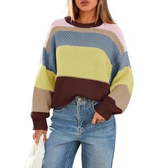 Generic Pull court dhiver en tricot à rayures amples et col rond pour femme, jaune, XL