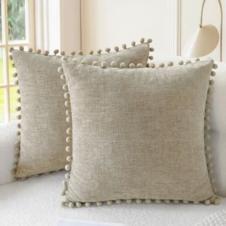 CaliTime Kissenbez&uuml;ge 2er-Pack Kuschelige, durchgef&auml;rbte, weiche Chenille-Kissenbez&uuml;ge mit Pom Poms f&uuml;r Couch Sofa Dekoration 50cm x 50cm Taupe
