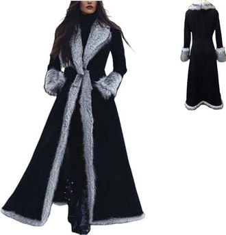 Generic Manteau en peau de mouton garni de fausse fourrure pour femme, veste dhiver longue doublure en polaire, v&ecirc;tement dext&eacute;rieur &eacute;l&eacute;gant avec bordure en fo