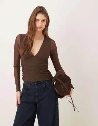 Abercrombie & Fitch BH-freies Oberteil in Schwarz mit tiefem Ausschnitt-Brown