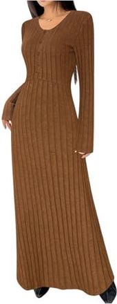 Generic Robe longue tricot&eacute;e pour femme, col en V, manches longues, boutonn&eacute;e sur le devant, longueur au sol, douce, extensible, confortable, week-end, brunch