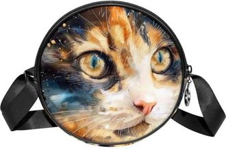 Generic Petit sac &agrave; bandouli&egrave;re circulaire pour femme, motif chat aquarelle, sac &agrave; dos avec fermeture &eacute;clair, bretelles r&eacute;glables, sac &agrave; main rond d&eacute;contract&eacute;