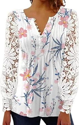 Onsoyours Chemisier Femme Sexy Elégante Hauts À Manches Longues Dentelle Ample Tunique Blouse Chic Mode Col V Shirt Tops Imprimé Automne Pullover A Rose Clair X