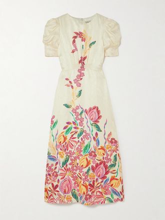 Saloni Bianca Midikleid Aus Seiden-jacquard Mit Print - Creme