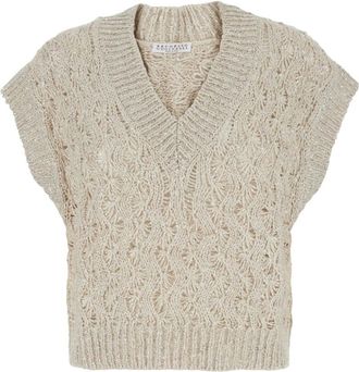 Brunello Cucinelli Femme, Pulls, Beige, Taille: 36 FR Gilet col en V en soie et lin