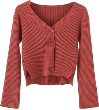Generic Cardigan court &agrave; col en V pour femme - Style d&eacute;contract&eacute; - Manches longues - En tricot simple, rouge brique, Taille Unique