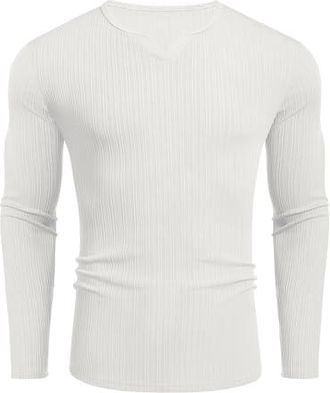 Coofandy T-shirt stretch pour homme - T-shirt basique - Col divisé - T-shirt musculaire texturé à manches longues, Blanc., XL