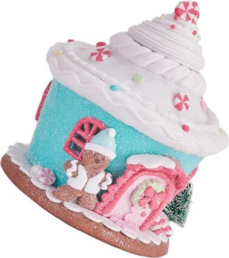 Amosfun Beleuchtetes Winter Lebkuchenhaus aus Weichem Harz Verspielte Macaron Farben Weihnachtsdeko Tischfigur Kompakt für Regal und Schreibtisch Vielseitig f