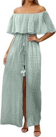 Generico Robe maxi en ligne A avec ouverture l&eacute;g&egrave;re et a&eacute;r&eacute;e Robe maxi boh&egrave;me avec ceinture Robe longue d&eacute;t&eacute; sans &eacute;paules pour femme, Vert menthe, X-Large