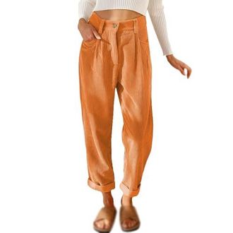 Generic Pantalon d&eacute;contract&eacute; en velours c&ocirc;tel&eacute; taille haute avec poches pour femme avec poches, Orange, 3XL