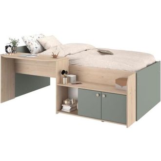 Parisot Lit combin&eacute; enfant 90x190/200 cm JADE - Chene / Vert c&eacute;ladon - Bureau et rangements - PARISOT