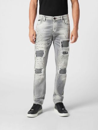 Philipp Plein Jean slim fit en denim stretch effet us&eacute; avec logo Hexagon