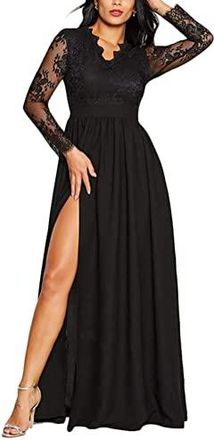 ORANDESIGNE Femme Robe de Soirée Cocktail Top Dentelle Robe en Dentelle à Manches Longues Col en V Maxi Robe Bal Mariage D Noir M