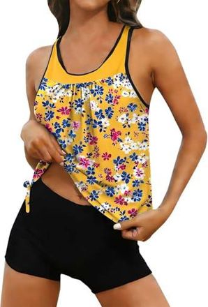 Generic Maillot de bain tankini deux pi&egrave;ces pour femme avec short boyleg - Contr&ocirc;le du ventre - Taille haute - D&eacute;bardeur de bain vintage &agrave; imprim&eacute; floral - Po
