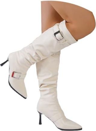 Generic Bottes hautes femme à talons avec bout pointu et bride bouclée effet froncé pour tenue décontractée ou soirée élégante (White, 38)
