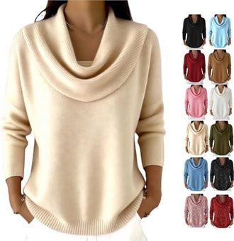 Generic Pull doux et &eacute;l&eacute;gant &agrave; col volant&eacute; de couleur unie pour femme, pull &agrave; manches longues et col b&eacute;nitier, abricot, 3XL