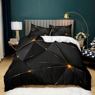 Generic Housse de Couette Motif G&eacute;om&eacute;trique Or Noir 90 x 190 cm, Parure de Lit Noir 1 Personnes - House de Couette Microfibre avec Fermeture Eclair et 2 Taies